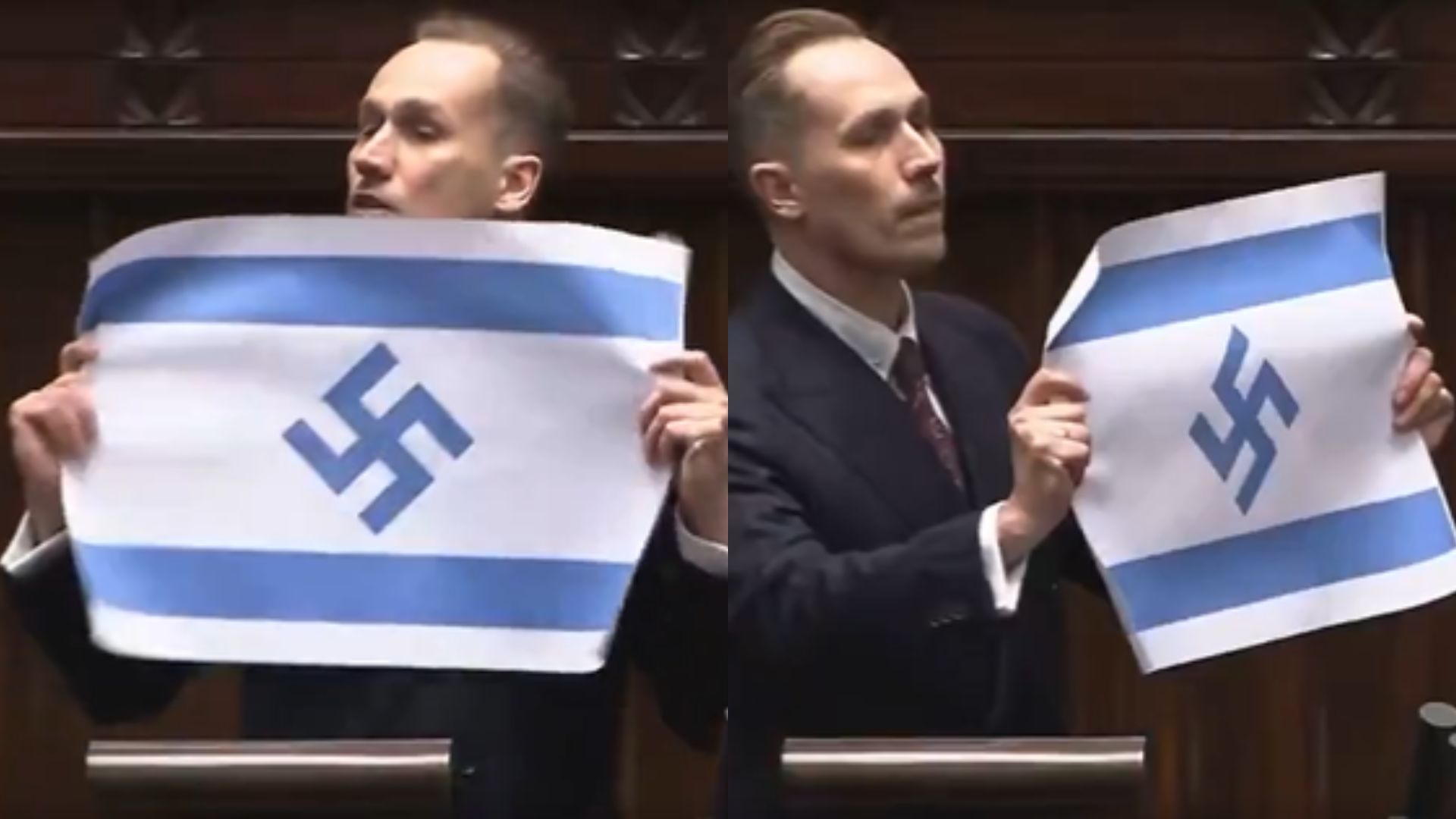 Polish MP holds Israeli flag with Swastika replacing Star of David | Al ...